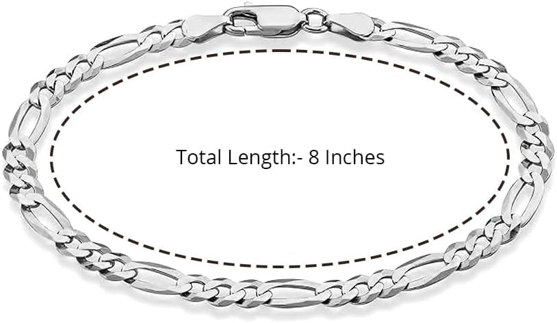 LeCalla Solid 925 Sterling Silver Italian 5 MM Diamond-Cut Figaro Chain Bracelet for Men 8 Inches