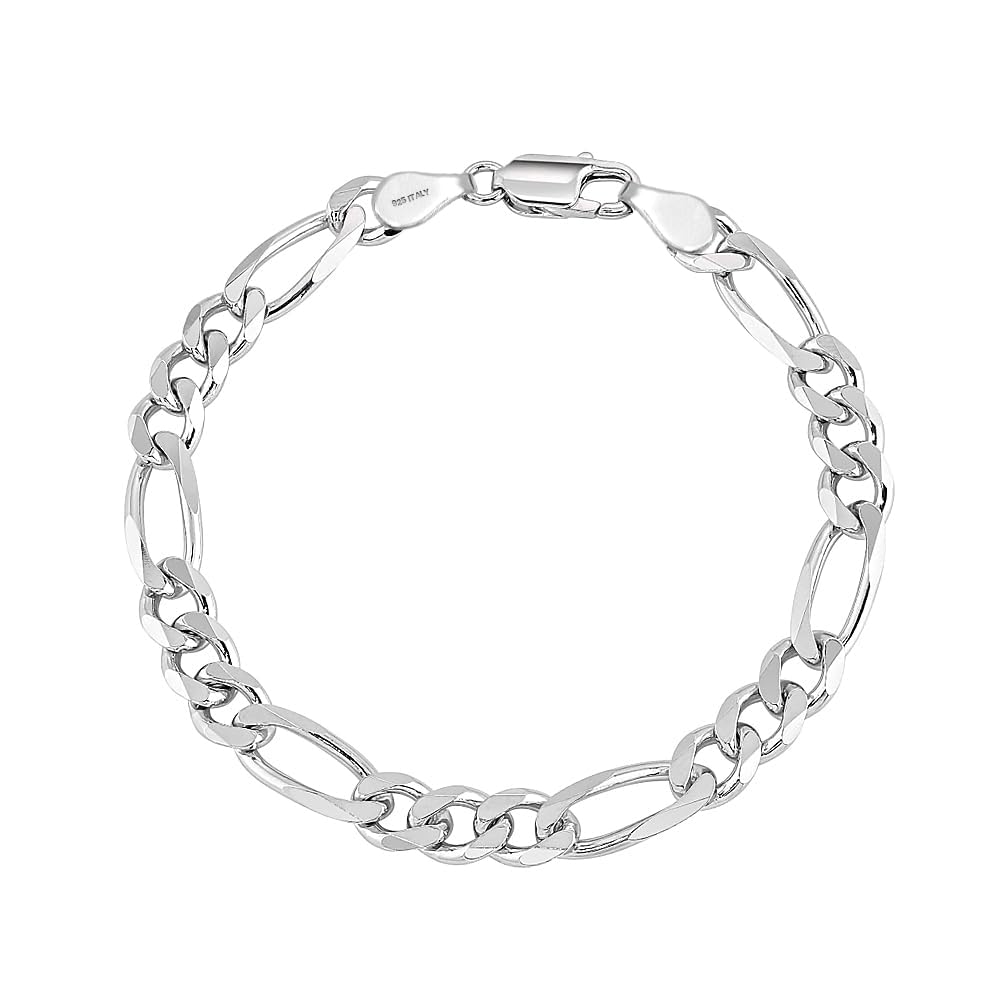 LeCalla Solid 925 Sterling Silver Italian 5 MM Diamond-Cut Figaro Chain Bracelet for Men 8 Inches