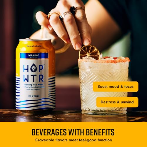 HOP WTR Sparkling Hop Water, Mango 12 Pack, Sugar Free, Low Carb Non Alcoholic Drinks, NA Beer, Adaptogen Drink, No Calories, Adaptogens & Nootropics for Added Benefits, 12 oz Cans