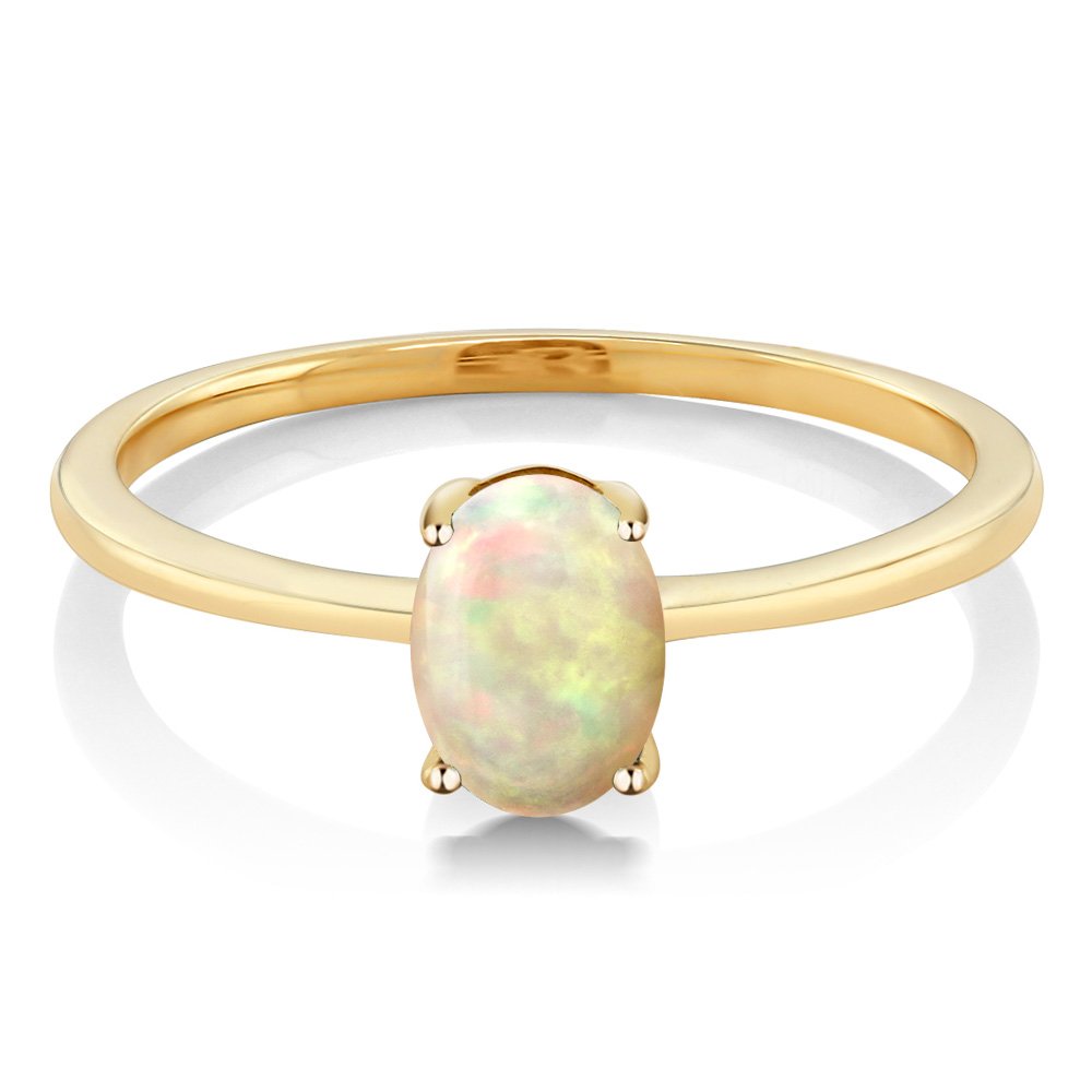 Gem Stone King 10K Yellow Gold White Ethiopian Opal Solitaire Engagement Ring For Women | 0.51 Cttw | Oval Cabochon 7X5MM | Gemstone October Birthstone | Available In Size 5-10