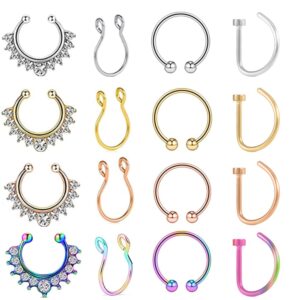 vitaltyextracts 16pcs fake nose rings hoop stainless steel faux fake lip ear nose septum ring non-pierced clip on nose hoop rings