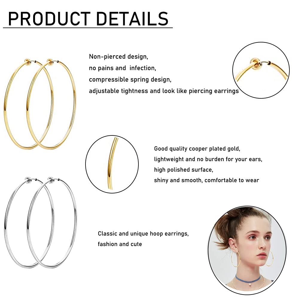 Aganippe Gold/Silver Clip On Hoop Earrings for Women Non Piercing Earrings Jewelry Set Large Hoop Earrings for Women Teens Retractable Clip On Hoop Earrings (8 Pair gold silver earrings)