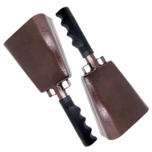 2 pack 10 in. steel cowbell/noise makers with handles. cheering bell sporting, football games, events. large solid school hand bells. cowbells. percussion musical instrument. cow bell alarm (copper)