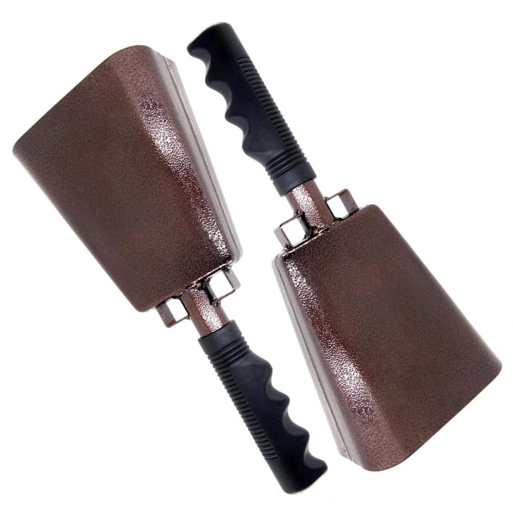 2 pack 10 in. steel cowbell/Noise makers with handles. Cheering Bell sporting, football games, events. Large solid school hand bells. Cowbells. Percussion Musical Instrument. Cow Bell Alarm (Copper)