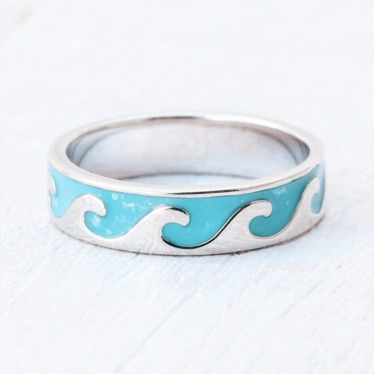 Pura Vida Silver-Plated Reversible Enamel Wave Ring - Brass Band, Size 6