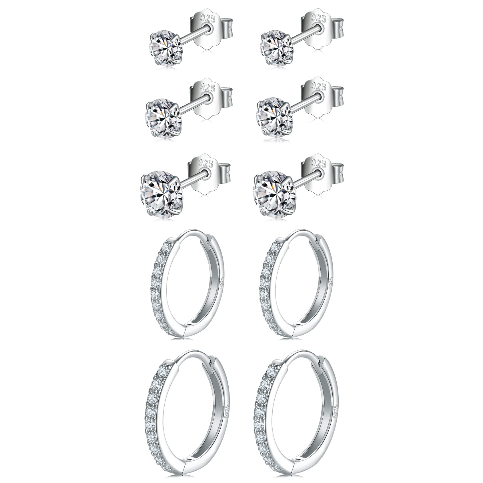 925 Sterling Silver Stud Hoop Earrings Set - Cubic Zirconia Stud Earrings for Women - White Gold Plated Hypoallergenic hoop Earrings（5 pairs）