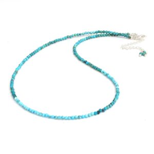 Gempires Genuine Turquoise Beads Beaded Choker Necklace for Women December Birthstone, 2.4-2.5 mm Faceted Beads With 16 + 2 Inch Adjustable Silver Plated Chain