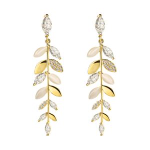 14k gold plated olive branch leaf cubic zironia cat eye dangle earrings