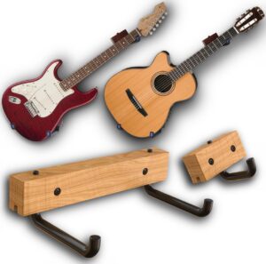 guitar hanger wall mount horizontal - tilted display ukulele, bass, electric guitar, banjo at a slanted angle (country classic)