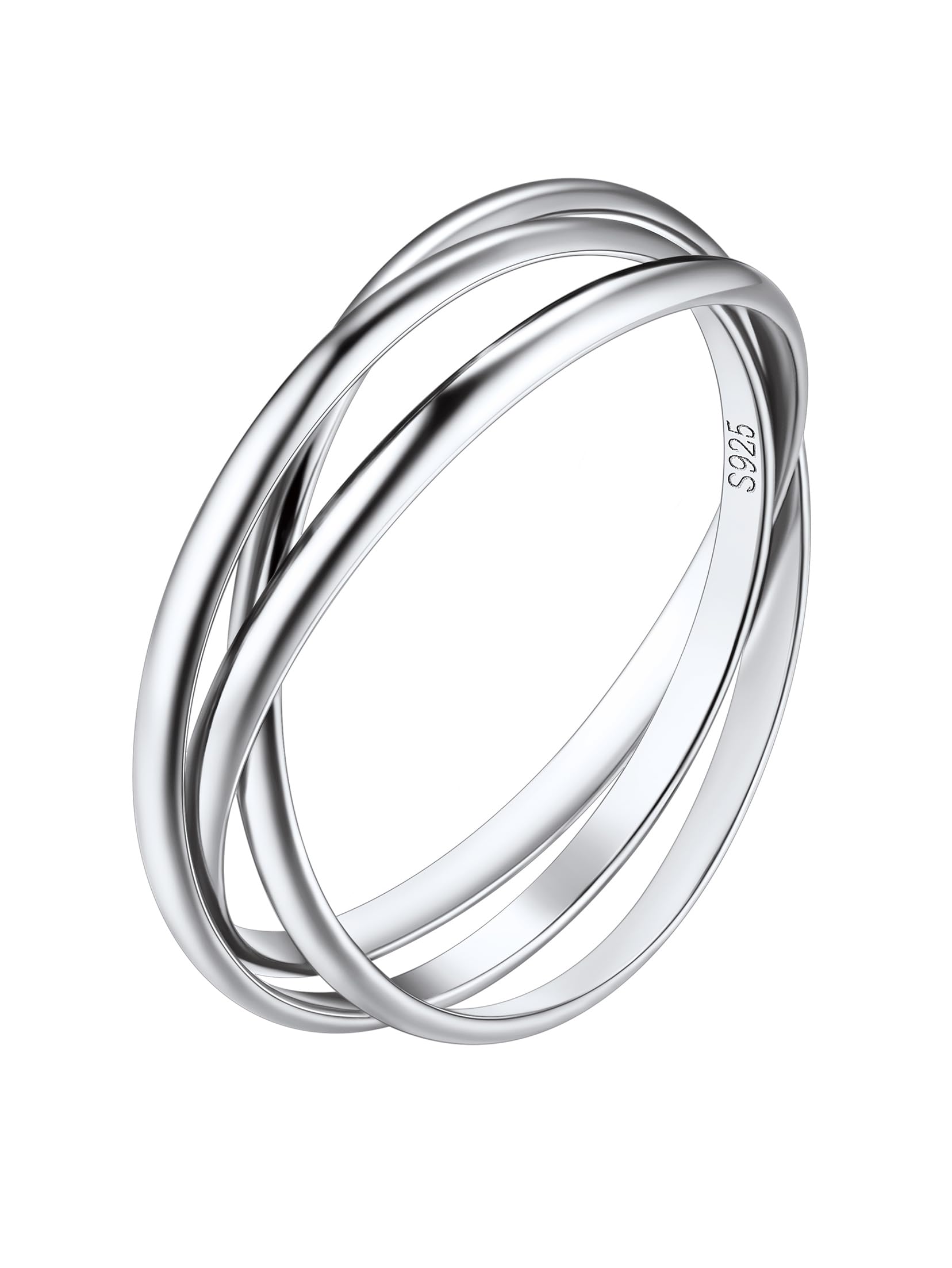 Suplight Triple Interlocked Rolling High Polish Ring, 925 Sterling Silver 3 interlocking Spinner Band Rings Fidget Peace Rings for Anxiety Size 7