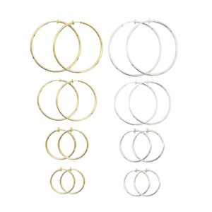 aganippe gold/silver clip on hoop earrings for women non piercing earrings jewelry set large hoop earrings for women teens retractable clip on hoop earrings (8 pair gold silver earrings)