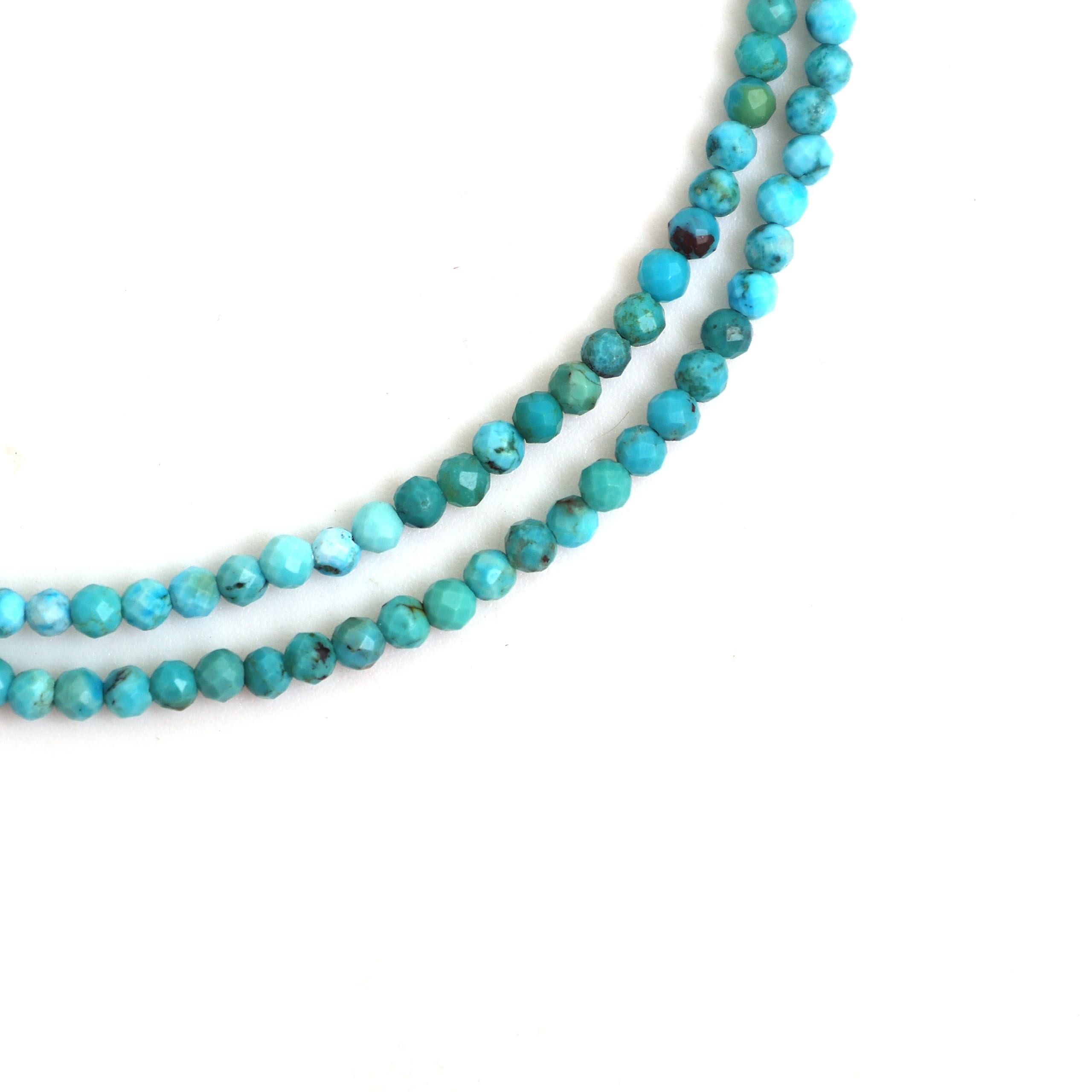 Gempires Genuine Turquoise Beads Beaded Choker Necklace for Women December Birthstone, 2.4-2.5 mm Faceted Beads With 16 + 2 Inch Adjustable Silver Plated Chain