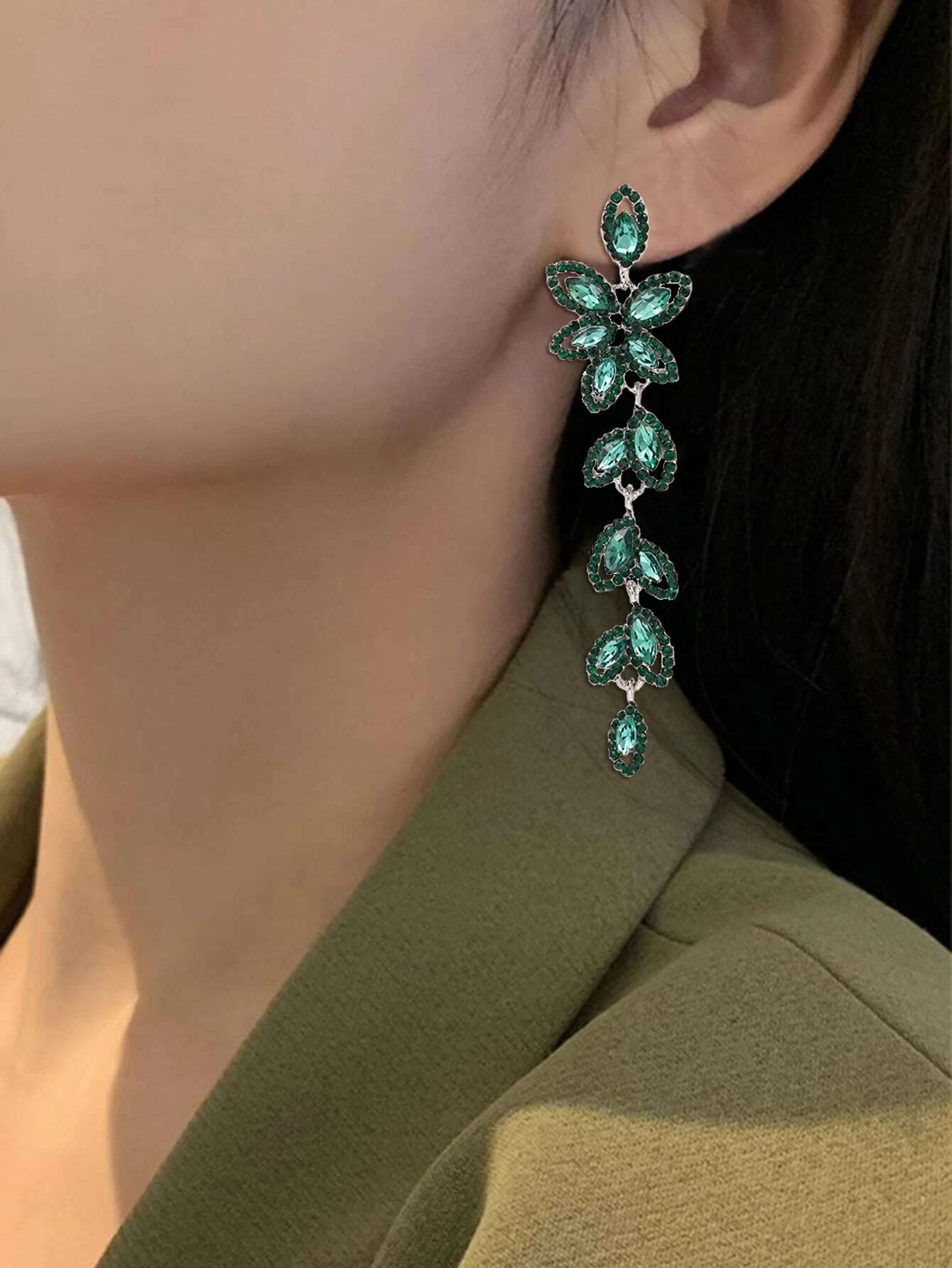 Fahion Statement Vintage Drop Dangle Earrings for Women Girls Green Crystal Earrings