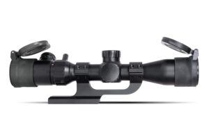 monstrum 3-9x32 rifle scope with rangefinder reticle | zr250 h-series offset scope mount | monstrum flip up lens cover set | bundle