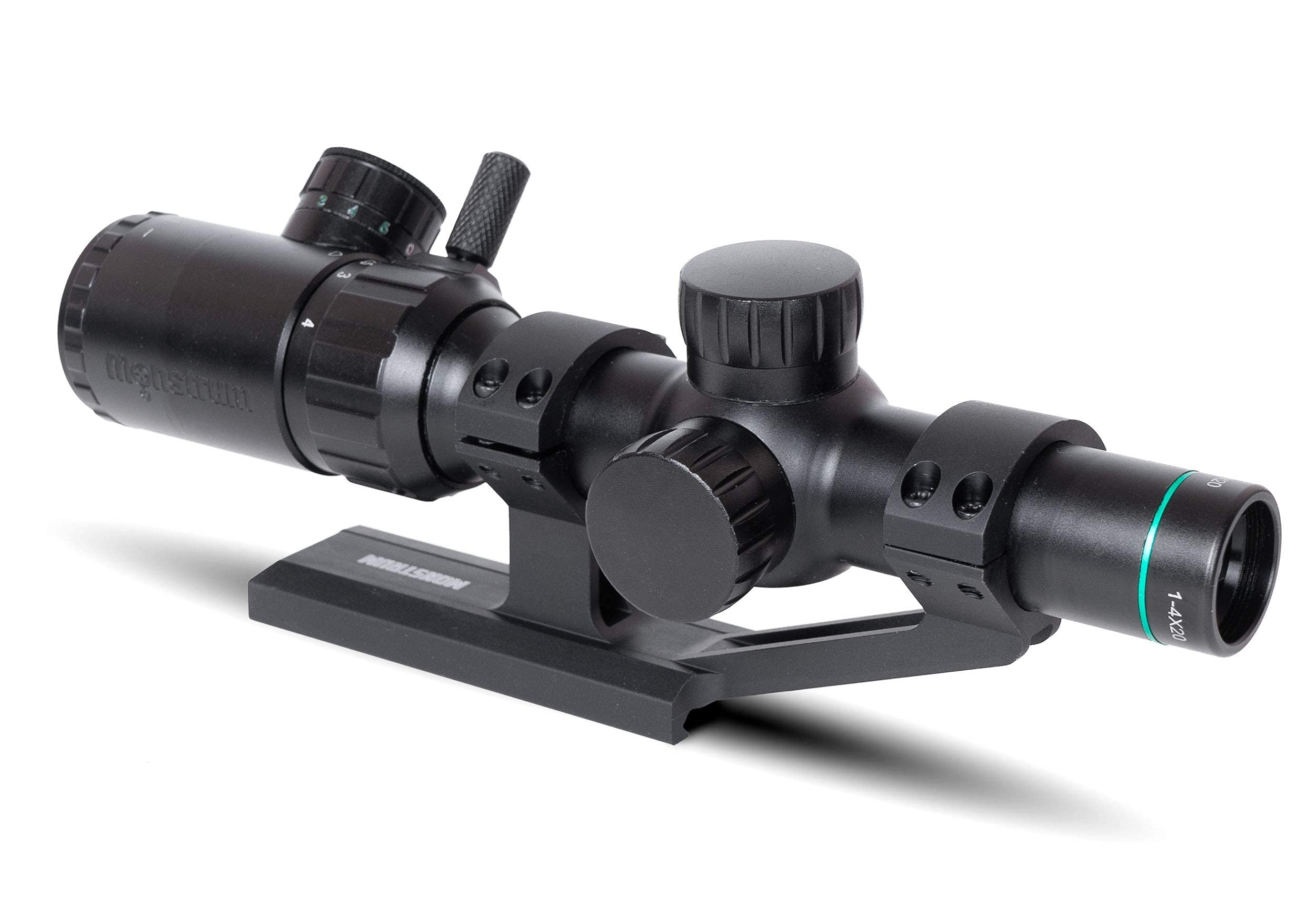 Monstrum 1-4x20 Rifle Scope with Rangefinder Reticle | ZR255 H-Series Offset Scope Mount | Bundle