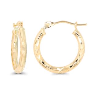 solid 14k yellow gold diamond star cut hoop earrings with hinged clasp | 2x15mm hoop | hypoallergenic hoops for sensitive ears | round star diamond cut earrings for women