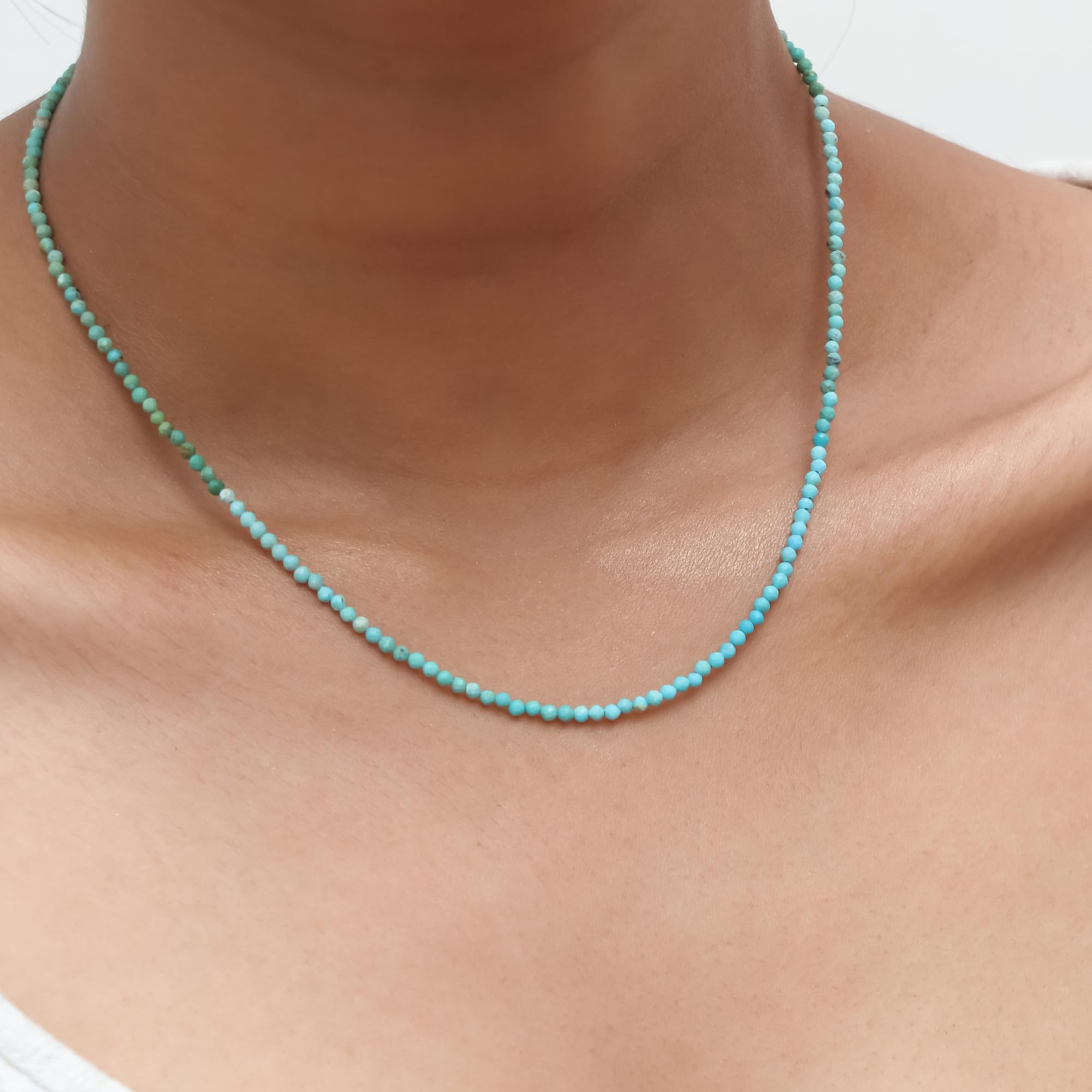 Gempires Genuine Turquoise Beads Beaded Choker Necklace for Women December Birthstone, 2.4-2.5 mm Faceted Beads With 16 + 2 Inch Adjustable Silver Plated Chain