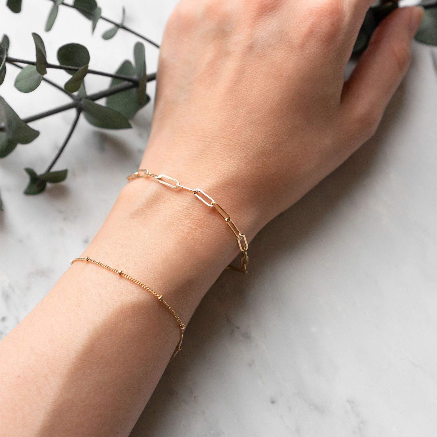 Gold Bracelets for Women, 14K Gold Filled Layering Beads Chain Bracelet Dainty Handmade Layered Oval Chain Bracelets Personalized Jewelry Gifts for Women Girls