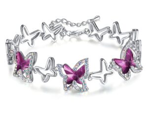 gemmance butterfly link charm bracelet with amethyst pink birthstone crystal for february, silver-tone, 18”+2”chain