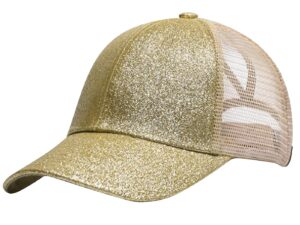 anna-kaci womens baseball cap glitter ponytail hat high messy bun ponycap trucker dad hat, gold