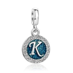 kunbead initials k letter spakling blue alphabet dangle birthday charm compatible with pandora bracelet for women