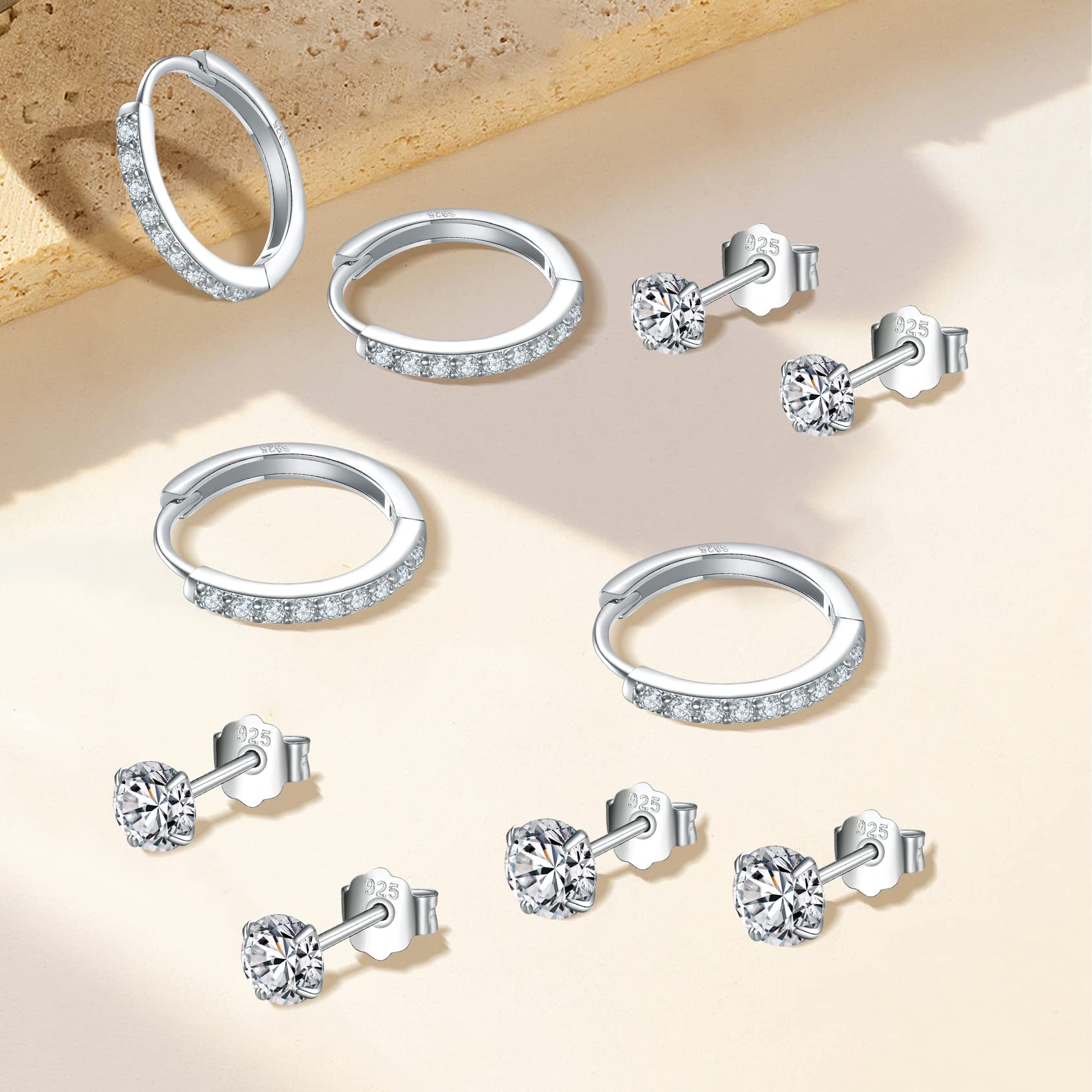 925 Sterling Silver Stud Hoop Earrings Set - Cubic Zirconia Stud Earrings for Women - White Gold Plated Hypoallergenic hoop Earrings（5 pairs）