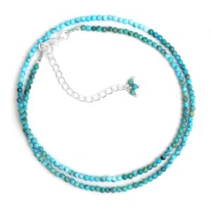 Gempires Genuine Turquoise Beads Beaded Choker Necklace for Women December Birthstone, 2.4-2.5 mm Faceted Beads With 16 + 2 Inch Adjustable Silver Plated Chain