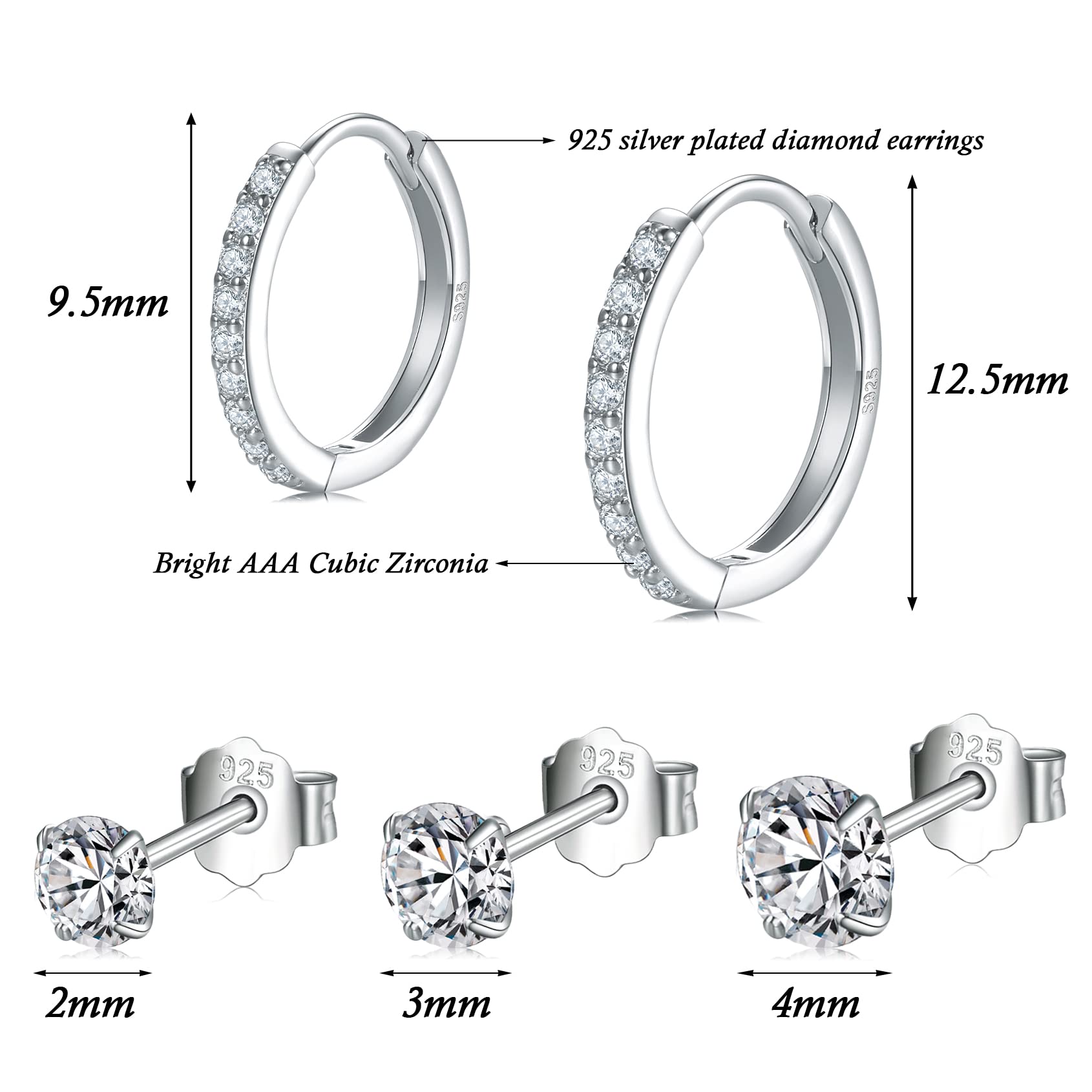 925 Sterling Silver Stud Hoop Earrings Set - Cubic Zirconia Stud Earrings for Women - White Gold Plated Hypoallergenic hoop Earrings（5 pairs）