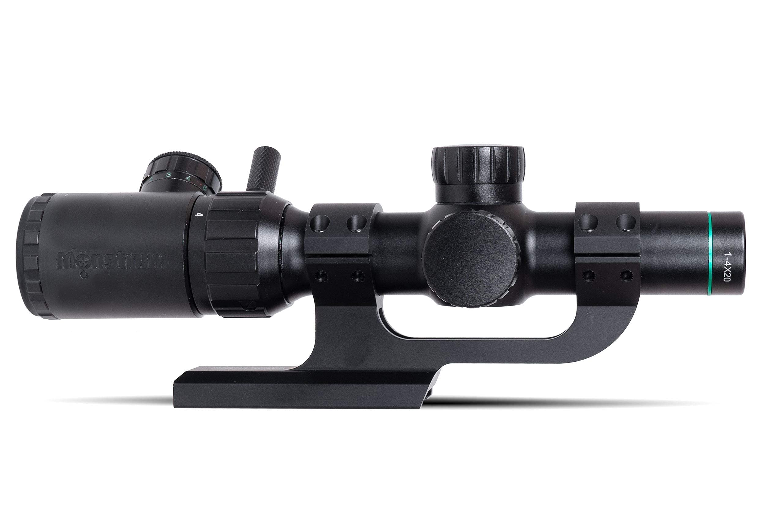 Monstrum 1-4x20 Rifle Scope with Rangefinder Reticle | ZR250 H-Series Offset Scope Mount | Bundle