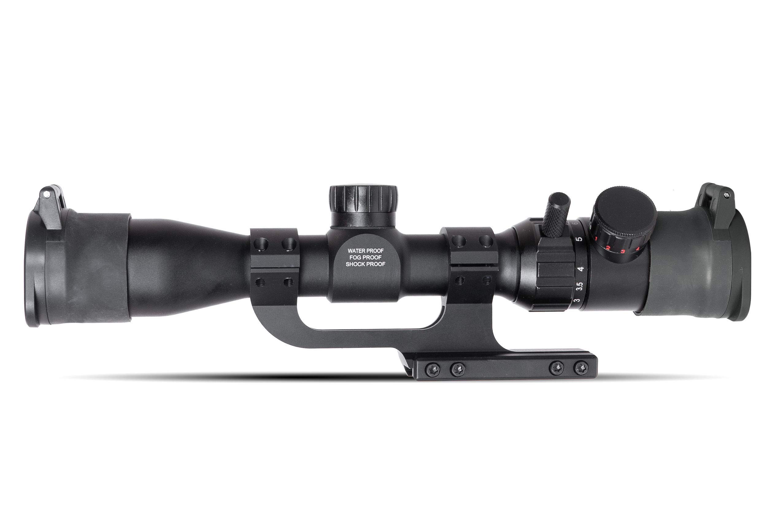 Monstrum 3-9x32 Rifle Scope with Rangefinder Reticle | ZR250 H-Series Offset Scope Mount | Monstrum Flip Up Lens Cover Set | Bundle