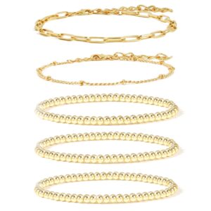 14k gold beaded bracelets for women,dainty gold plated chain link bracelet stretchable adjustable bracelet(5pcs)……