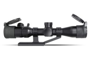 monstrum 3-9x32 rifle scope with rangefinder reticle | zr255 h-series offset scope mount | monstrum flip up lens cover set | bundle