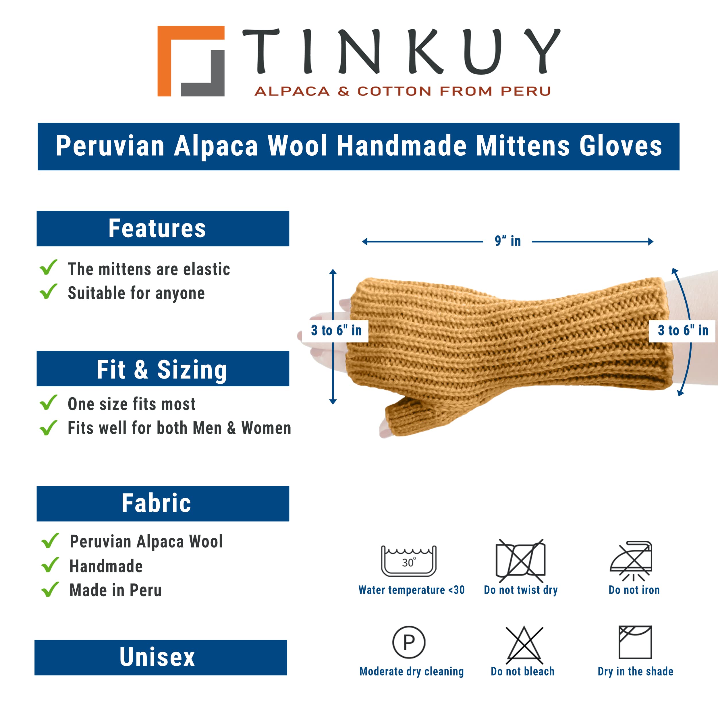 TINKUY PERU - Peruvian Alpaca Wool Women's & Men's Fingerless Mitten Des Gants Gloves (Mustard)