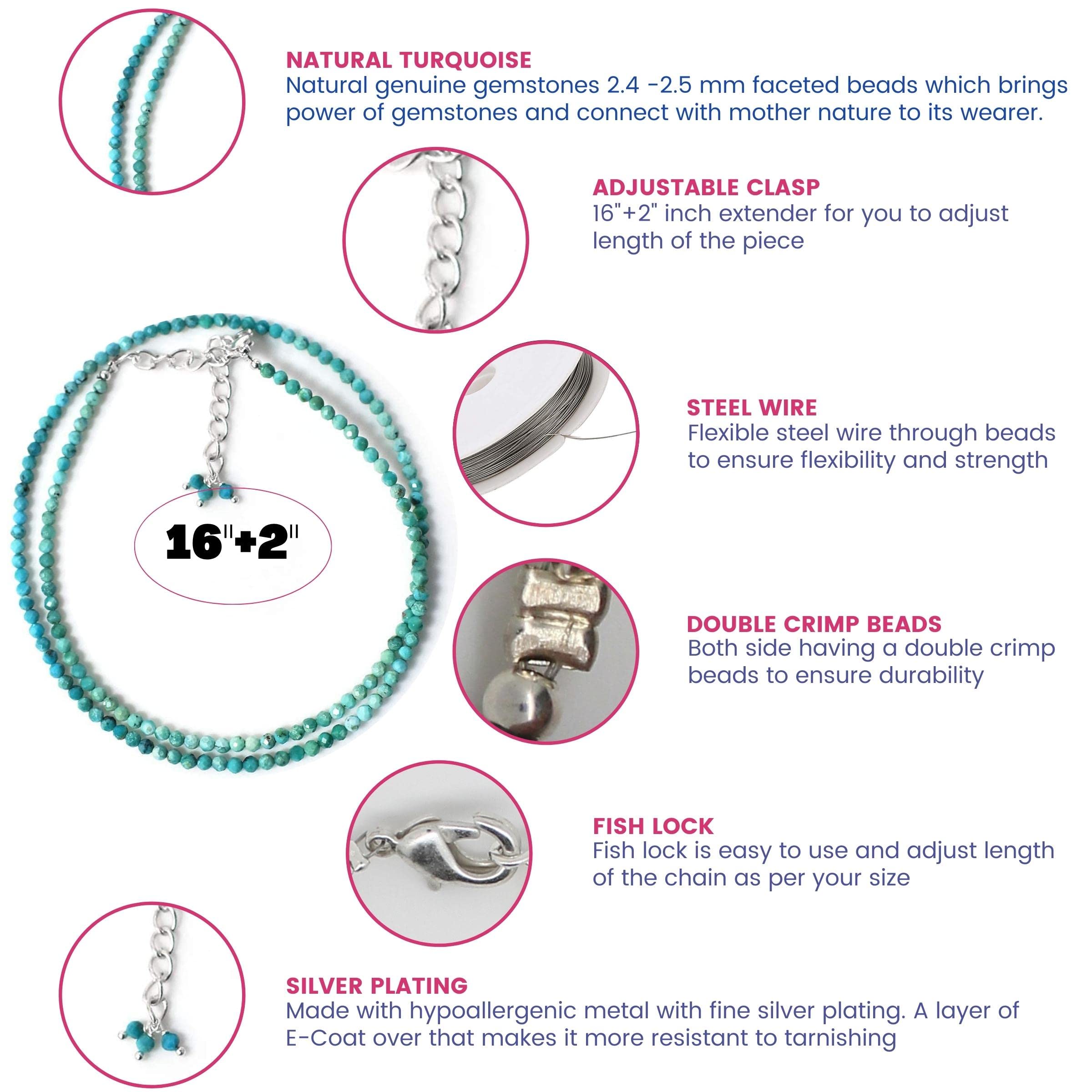 Gempires Genuine Turquoise Beads Beaded Choker Necklace for Women December Birthstone, 2.4-2.5 mm Faceted Beads With 16 + 2 Inch Adjustable Silver Plated Chain