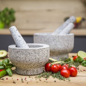 ChefSofi Mortar and Pestle Sets - The Standard 6 inch 2 Cup and The EXTRA Large 8 inch 5 Cup Capacity - Unpolished Heavy Granite for Enhanced Performance and Organic Appearance