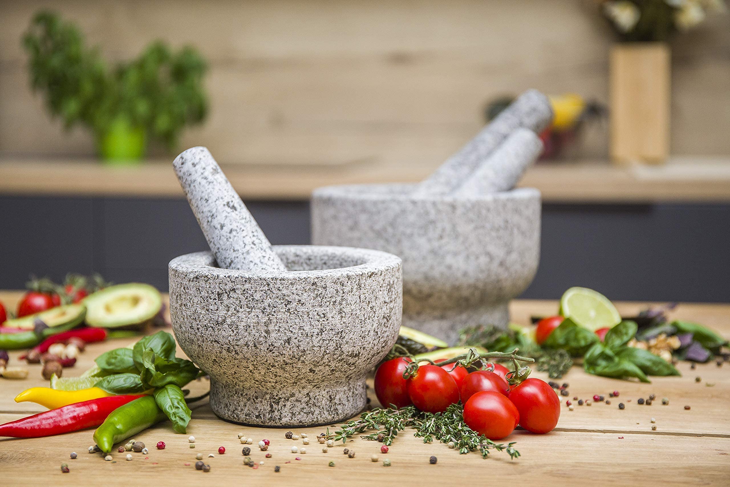 ChefSofi Mortar and Pestle Sets - The Standard 6 inch 2 Cup and The EXTRA Large 8 inch 5 Cup Capacity - Unpolished Heavy Granite for Enhanced Performance and Organic Appearance