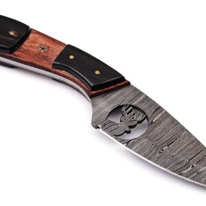 TMBrands Damascus Hunting Knife, Fixed Blade Knife & Camping Knife with Rose Wood & Buffalo Horn Handle & Knife Sheath