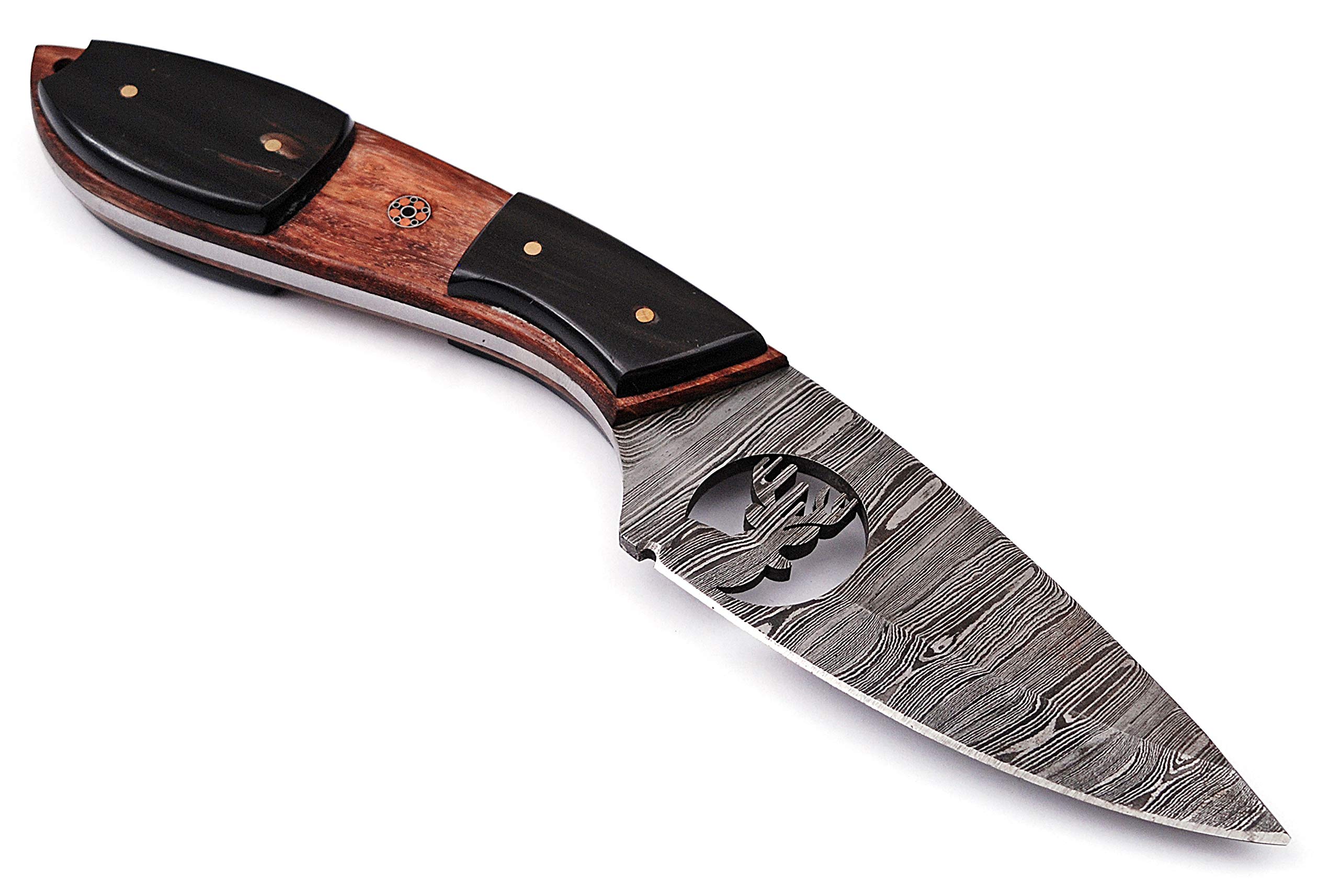 TMBrands Damascus Hunting Knife, Fixed Blade Knife & Camping Knife with Rose Wood & Buffalo Horn Handle & Knife Sheath