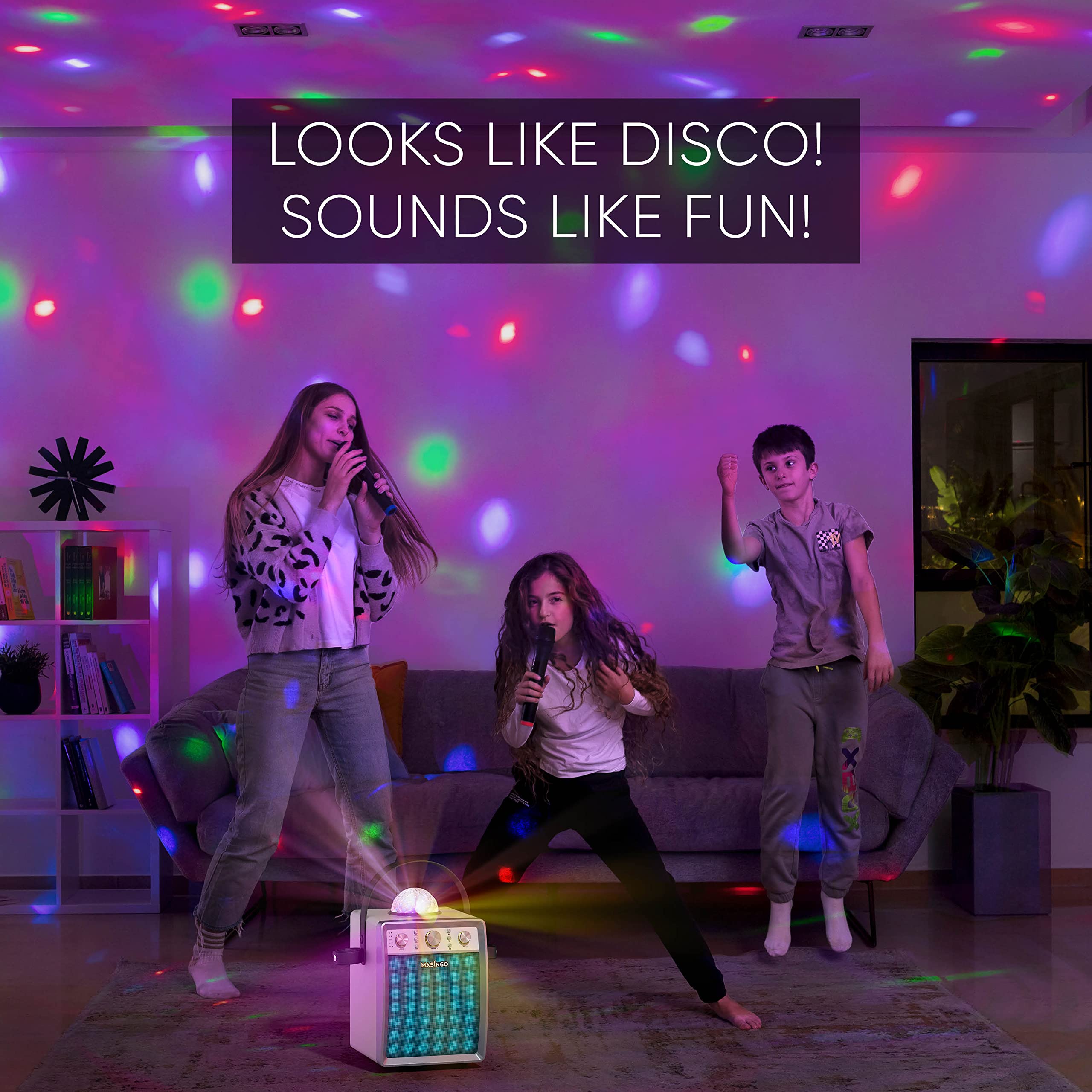 MASINGO 2023 Karaoke Machine for Adults & Kids with 2 Wireless Microphones - Portable Singing PA Speaker System Set w/Two Bluetooth Mics, Disco Ball Party Lights & TV Cable - Ostinato M7