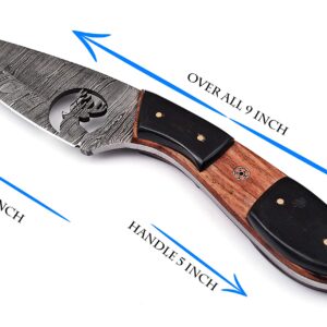 TMBrands Damascus Hunting Knife, Fixed Blade Knife & Camping Knife with Rose Wood & Buffalo Horn Handle & Knife Sheath