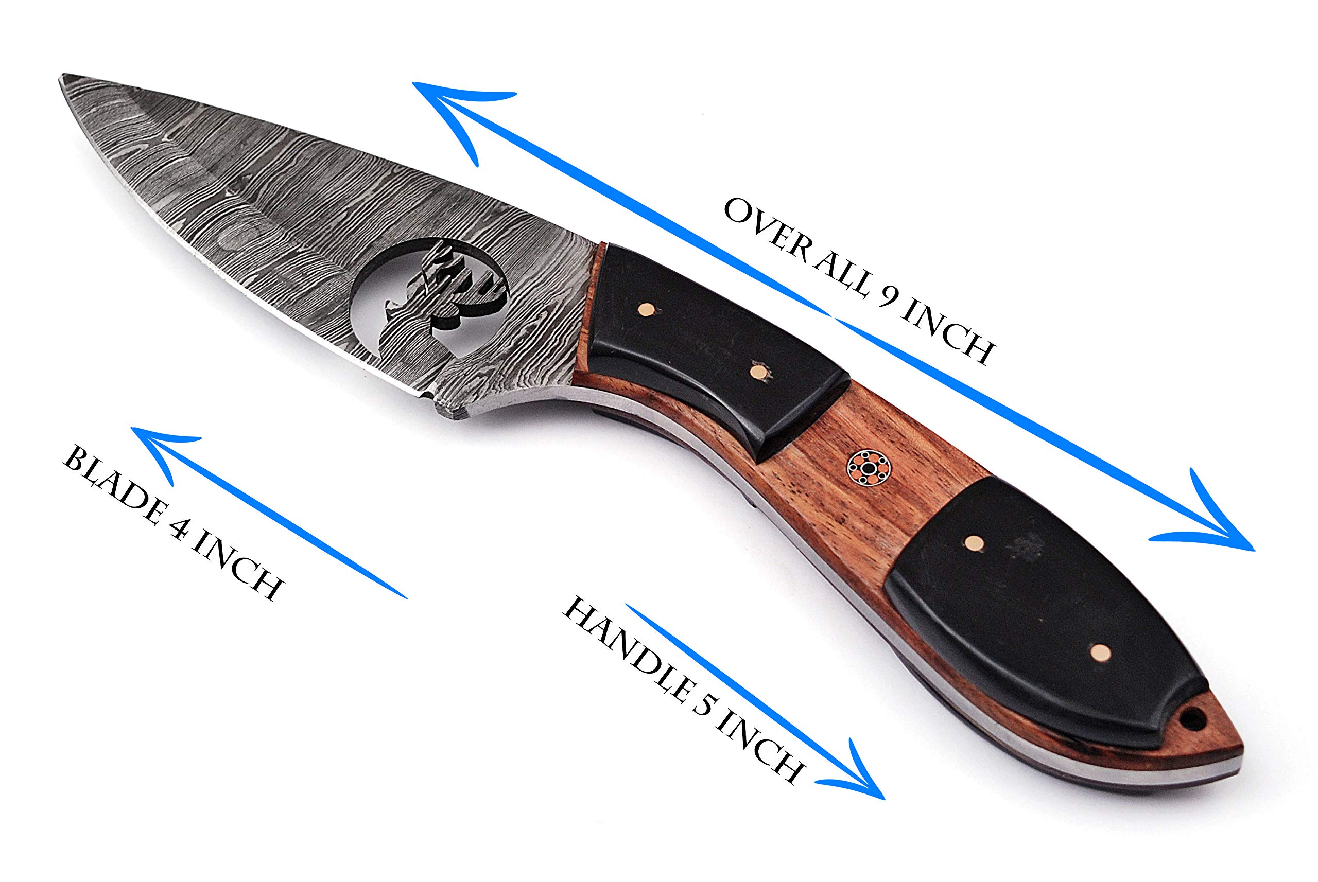 TMBrands Damascus Hunting Knife, Fixed Blade Knife & Camping Knife with Rose Wood & Buffalo Horn Handle & Knife Sheath