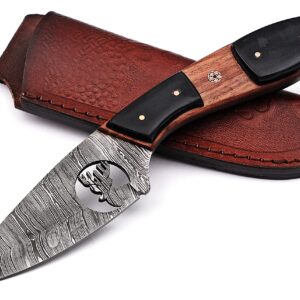 TMBrands Damascus Hunting Knife, Fixed Blade Knife & Camping Knife with Rose Wood & Buffalo Horn Handle & Knife Sheath