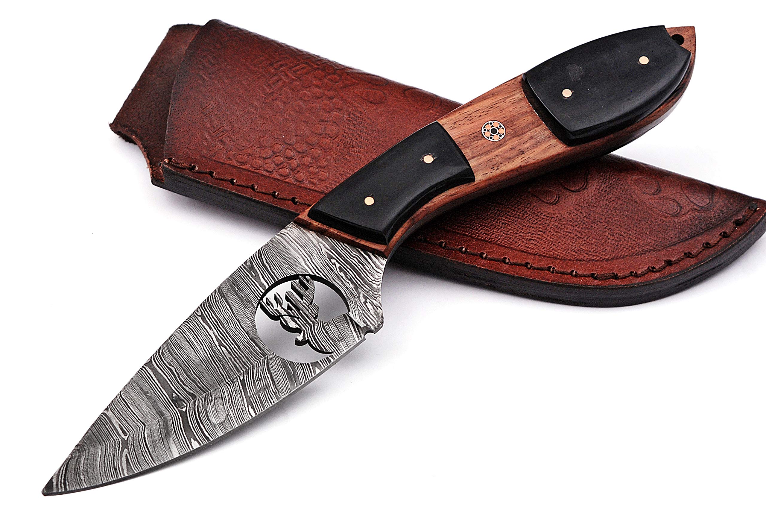 TMBrands Damascus Hunting Knife, Fixed Blade Knife & Camping Knife with Rose Wood & Buffalo Horn Handle & Knife Sheath