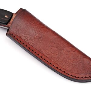 TMBrands Damascus Hunting Knife, Fixed Blade Knife & Camping Knife with Rose Wood & Buffalo Horn Handle & Knife Sheath