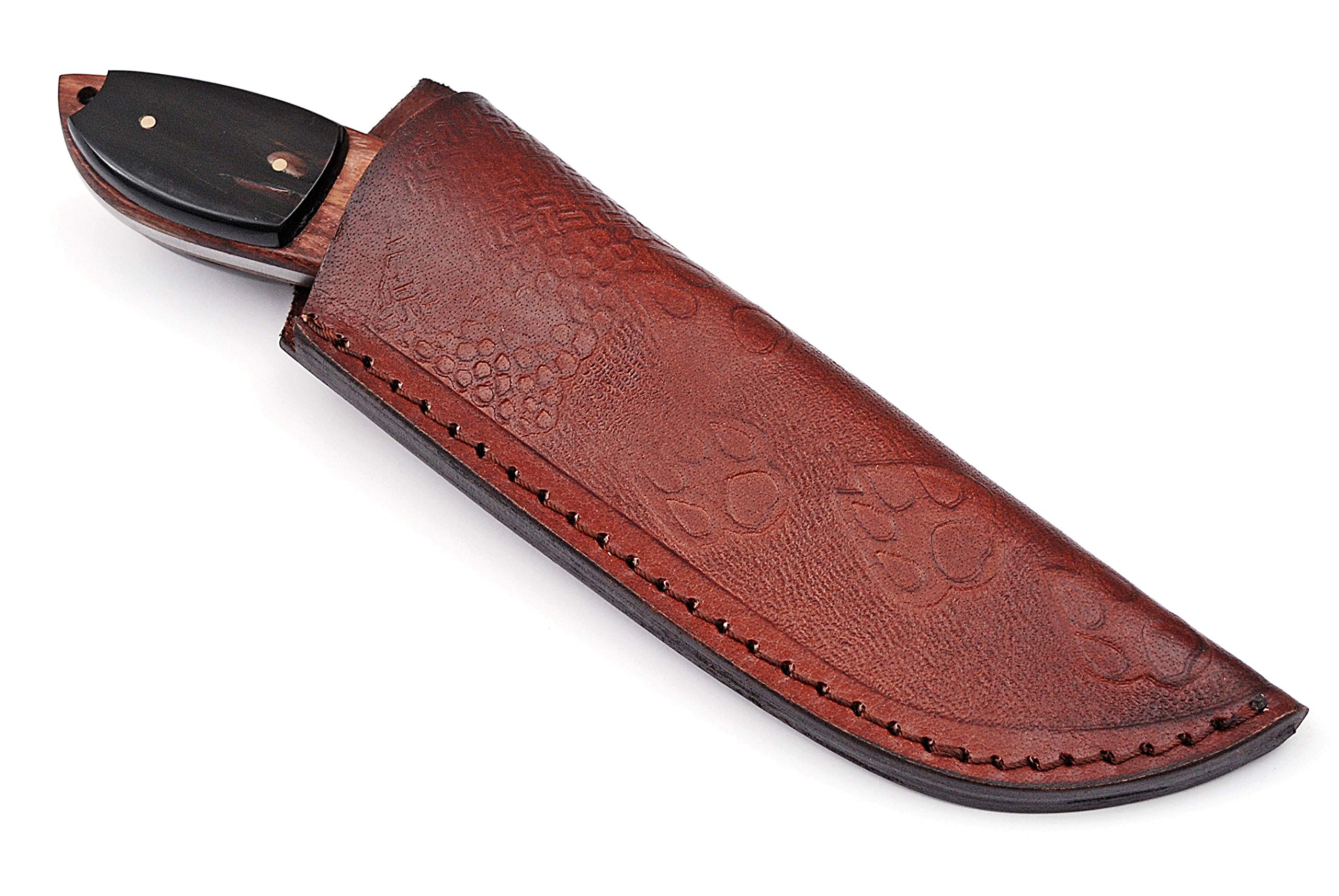 TMBrands Damascus Hunting Knife, Fixed Blade Knife & Camping Knife with Rose Wood & Buffalo Horn Handle & Knife Sheath