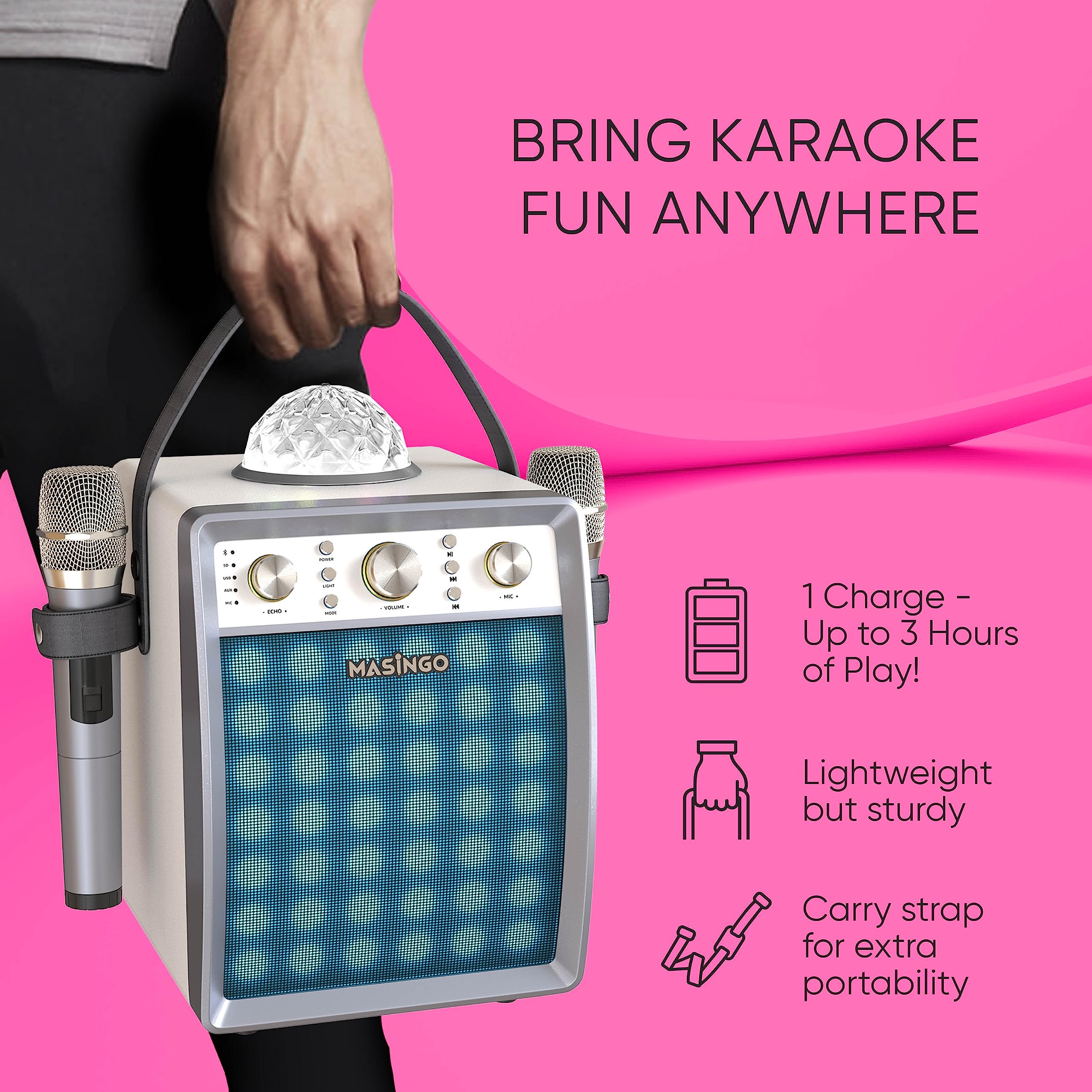 MASINGO 2023 Karaoke Machine for Adults & Kids with 2 Wireless Microphones - Portable Singing PA Speaker System Set w/Two Bluetooth Mics, Disco Ball Party Lights & TV Cable - Ostinato M7