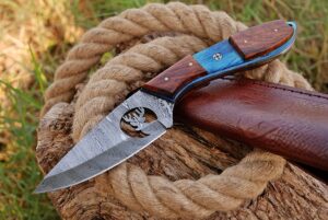 tmbrands damascus hunting knife - handmade knife, hand forged fixed blade knife, camping knife & gift knives - hunting knives & bowie knives with rose wood handle & knife sheath