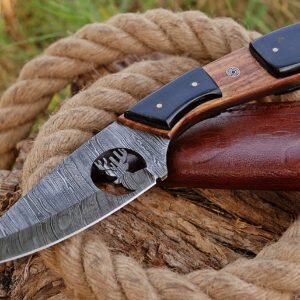 TMBrands Damascus Hunting Knife, Fixed Blade Knife & Camping Knife with Rose Wood & Buffalo Horn Handle & Knife Sheath