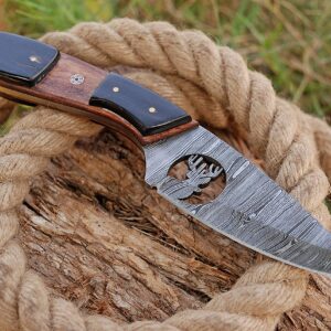 TMBrands Damascus Hunting Knife, Fixed Blade Knife & Camping Knife with Rose Wood & Buffalo Horn Handle & Knife Sheath