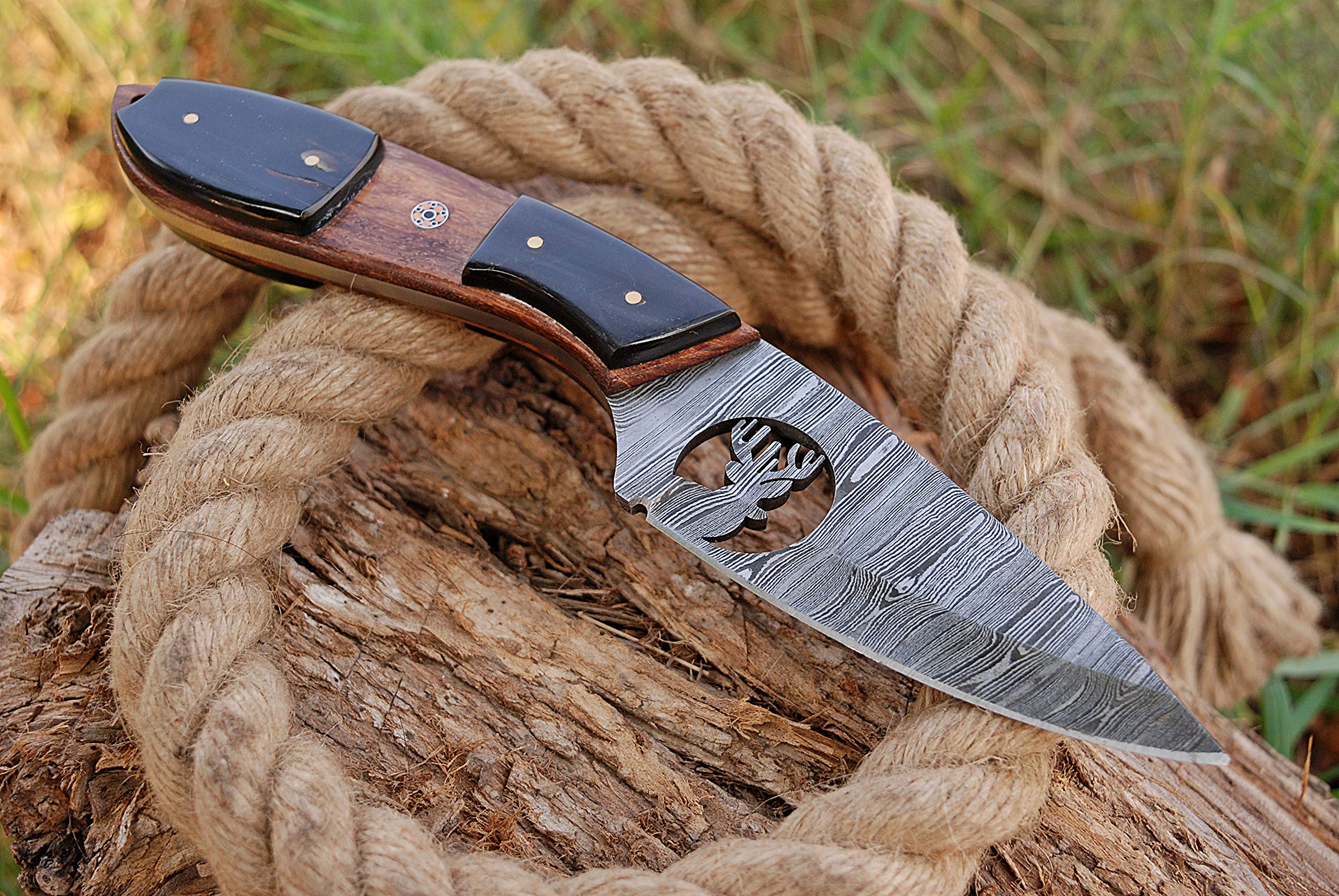 TMBrands Damascus Hunting Knife, Fixed Blade Knife & Camping Knife with Rose Wood & Buffalo Horn Handle & Knife Sheath